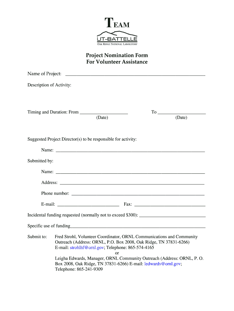 Fillable Online TEAM Project Nomination Form For Volunteer Assistance ...
