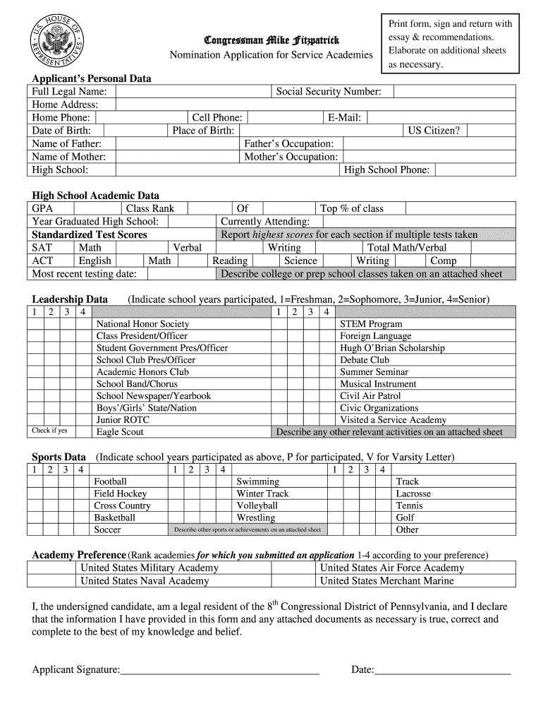 Fillable Online fitzpatrick house Service Academy Nomination Form ...