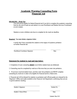 Fillable Online cooley Academic Warning Counseling Form Financial Aid ...