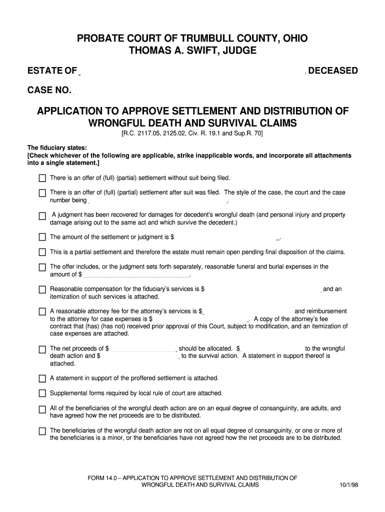 Fillable Online APPLICATION TO APPROVE SETTLEMENT AND DISTRIBUTION OF WRONGFUL DEATH AND ...