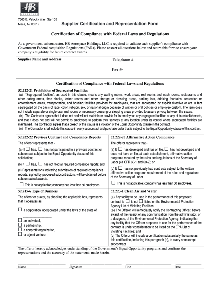 Fillable Online Supplier Certification and Representation Form Fax ...