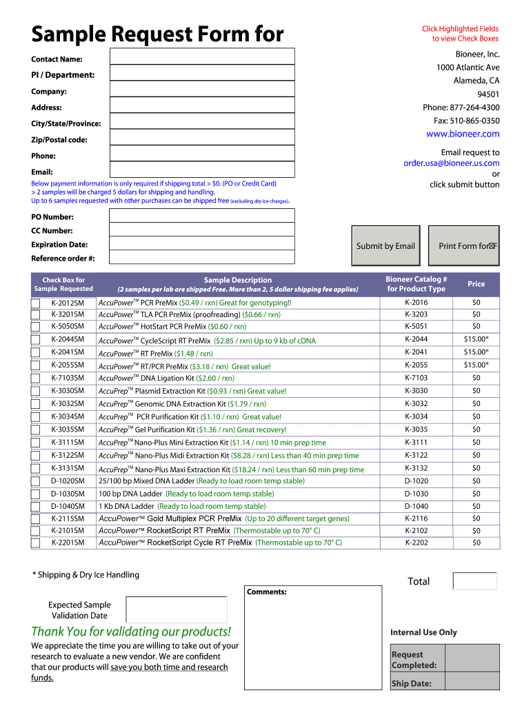 Fillable Online Sample Request Form for Bioneer Products Fax Email Print - pdfFiller