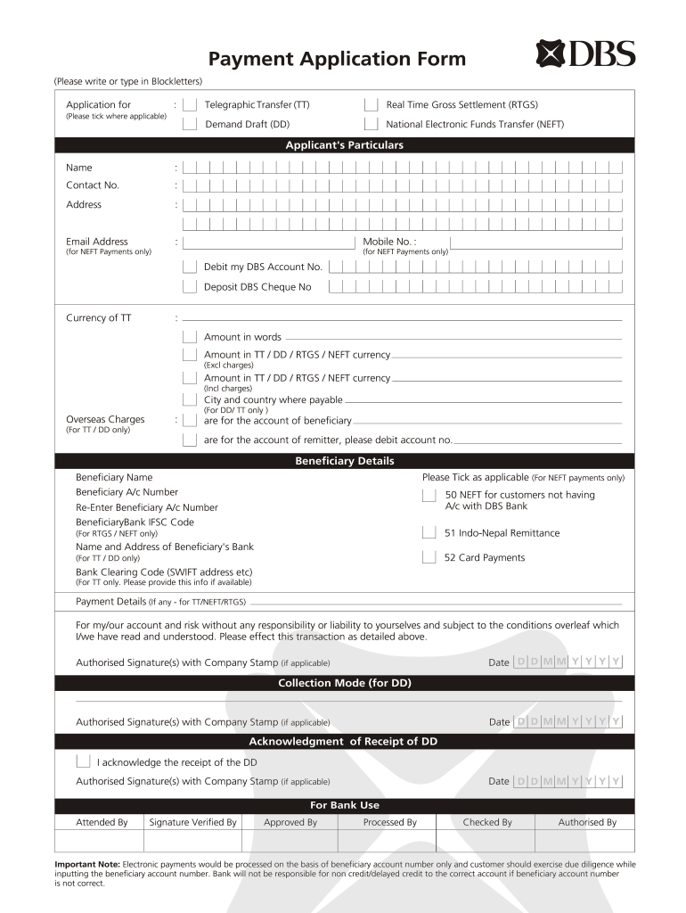 Dbs Payment Application Form Fill Online Printable Fillable Blank 