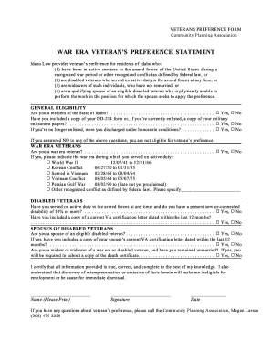 Fillable Online WAR ERA VETERAN’S PREFERENCE STATEMENT Fax Email Print - pdfFiller