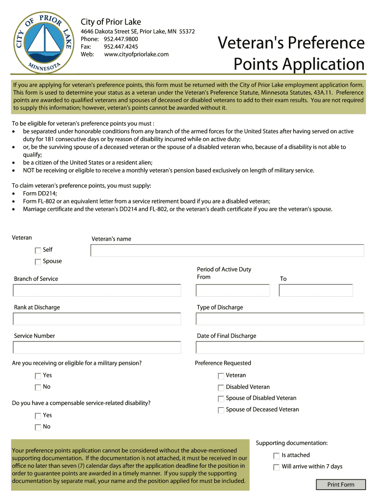 Fillable Online Veteran's Preference Points Application Fax Email Print ...