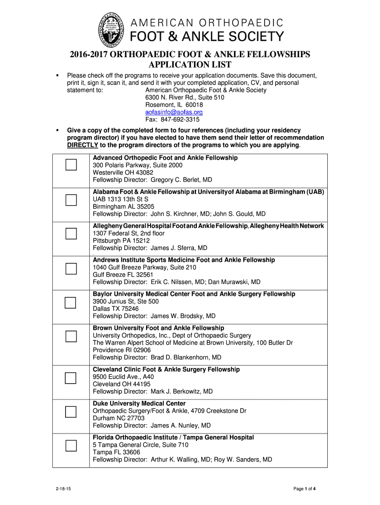 Fillable Online Orthopaedic Foot & Ankle Fellowships Application List Fax Email Print - pdfFiller
