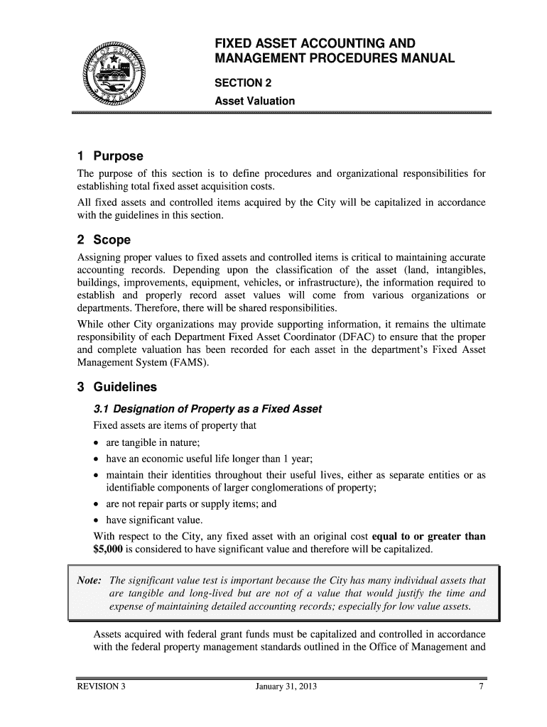 Fillable Online Fixed Asset Accounting 1.0 Purpose 2.0 Policy ...