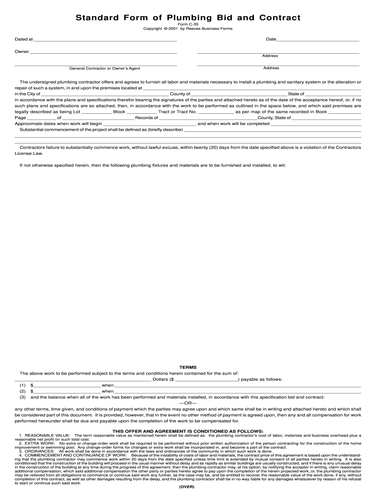 Plumbing Bid Template Fill Online Printable Fillable Blank PdfFiller