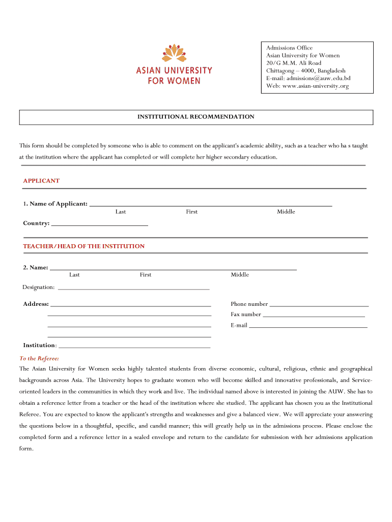 Fillable Online Institutional Recommendation Form for Admissions Fax ...