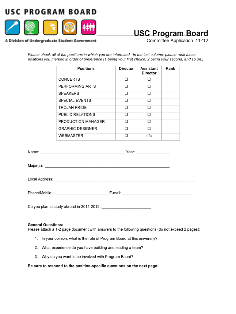 Fillable Online USC Program Board Committee Application Fax Email Print ...