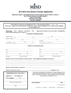 Fillable Online mansfieldisd intradistrict transfer mansfield tx form ...