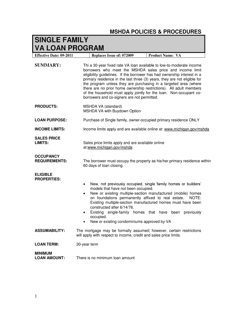 Fillable Online MSHDA POLICIES & PROCEDURES - SINGLE FAMILY VA LOAN ...