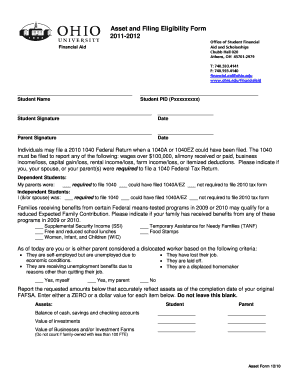 Fillable Online Asset and Filing Eligibility Form 2011-2012 Fax Email ...