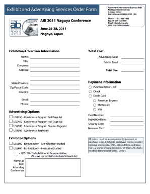 Fillable Online AIB 2011 Nagoya Conference Exhibitor/Advertiser Order ...