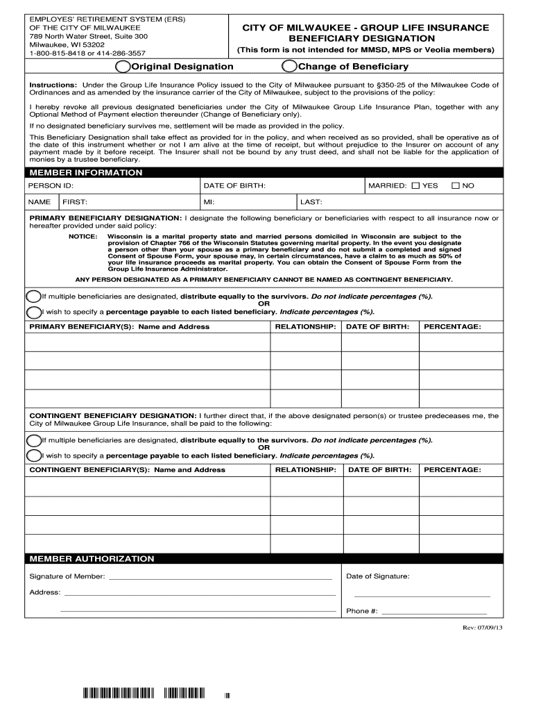 Fillable Online Beneficiary Change Form - City of Milwaukee ERS Fax ...