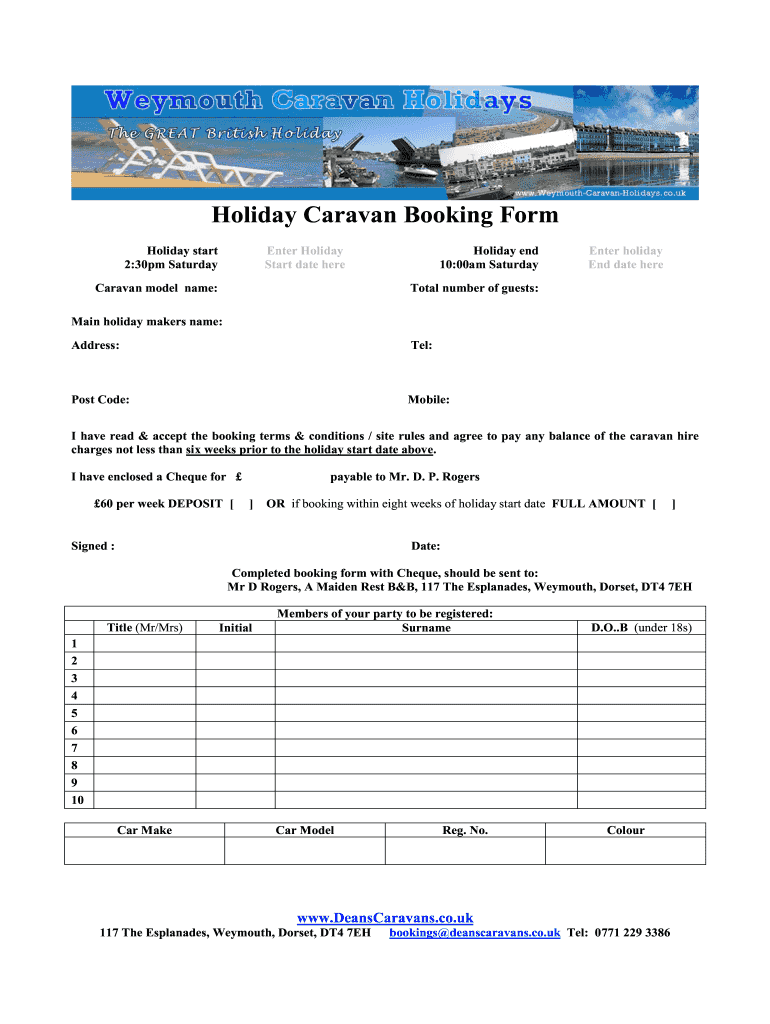 Caravan Booking Form Template Fill Online Printable Fillable Blank PdfFiller