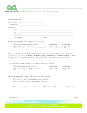 Fillable Online Multi-Family Bin Request - Existing Customer Fax Email ...