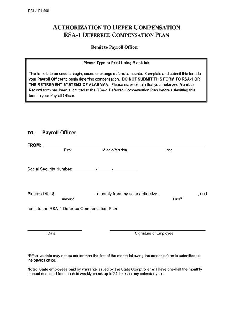 Fillable Online una Authorization to defer compensation rsa-1 deferred compensation plan - una ...