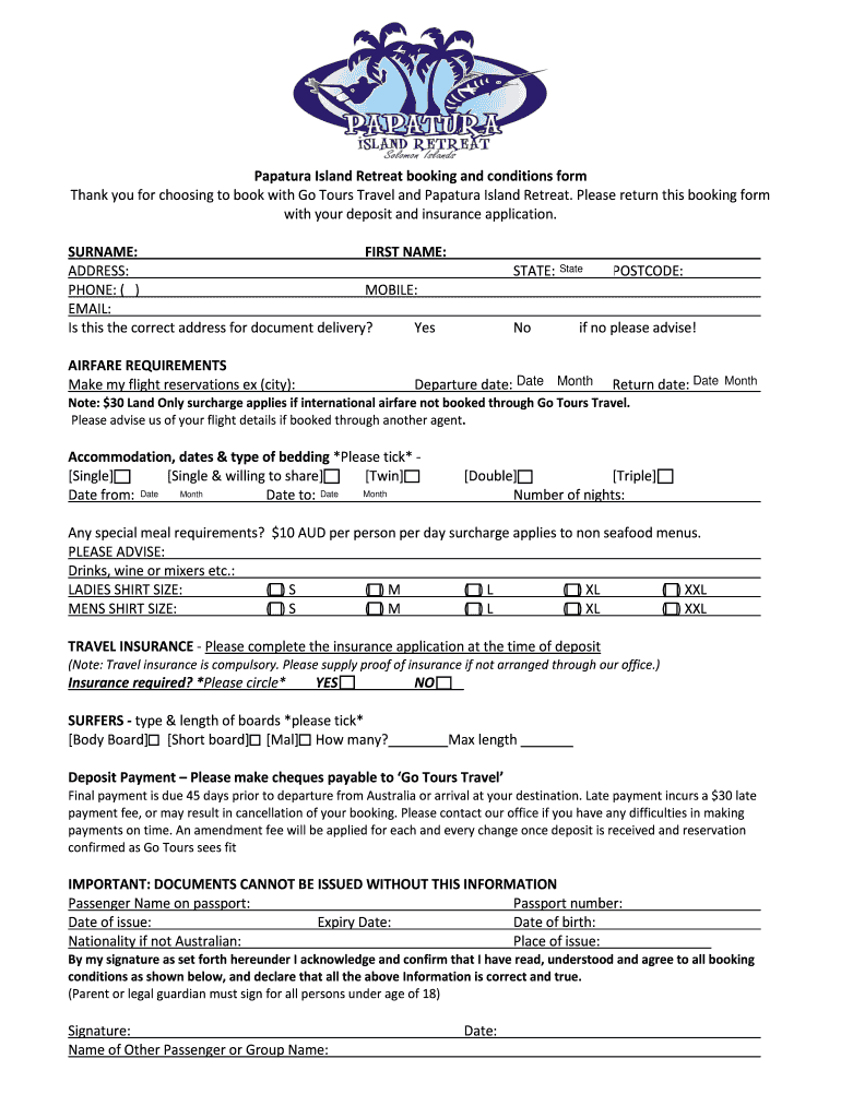 Fillable Online Download booking form - Papatura Island Retreat Fax ...