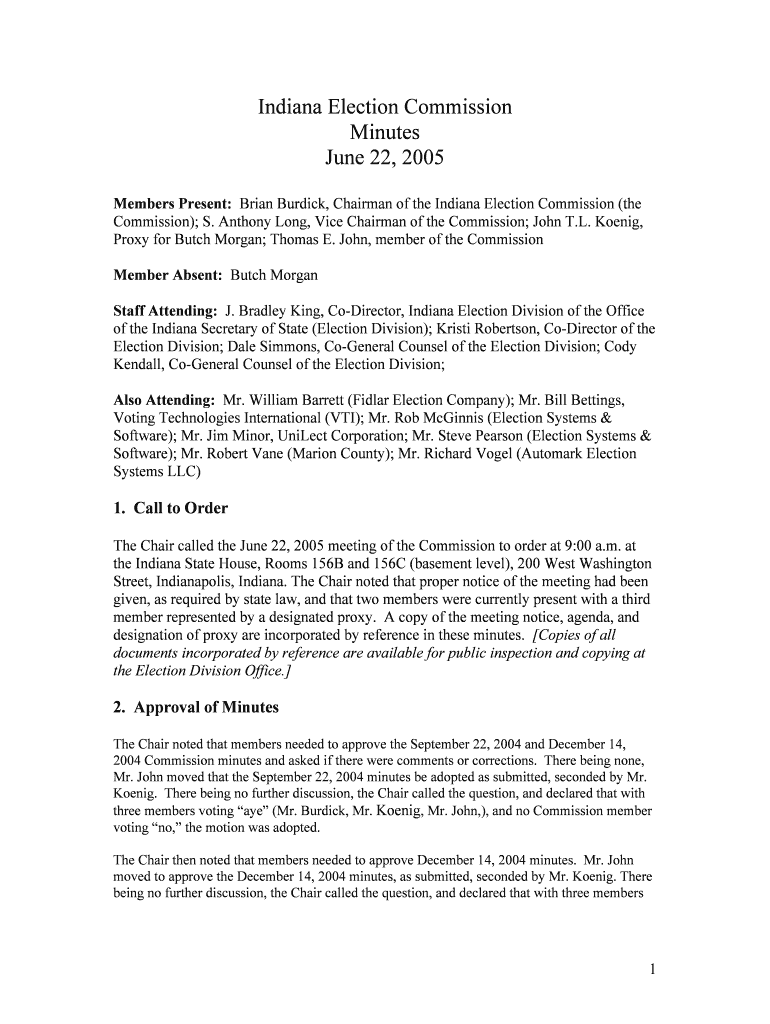 Fillable Online Indiana Election Commission Minutes - June 22, 2005 Fax ...