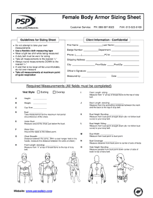 Fillable Online female body armour sizing sheet psp form Fax Email ...