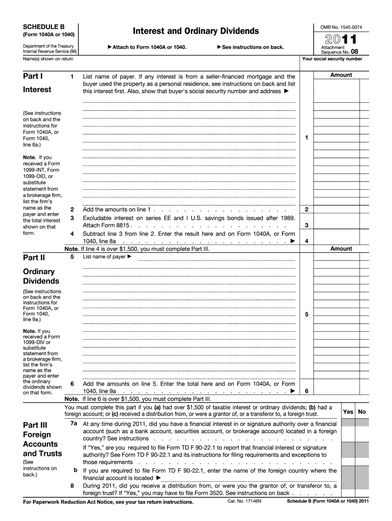 2011 Form IRS 1040 Schedule B Fill Online Printable Fillable Blank 