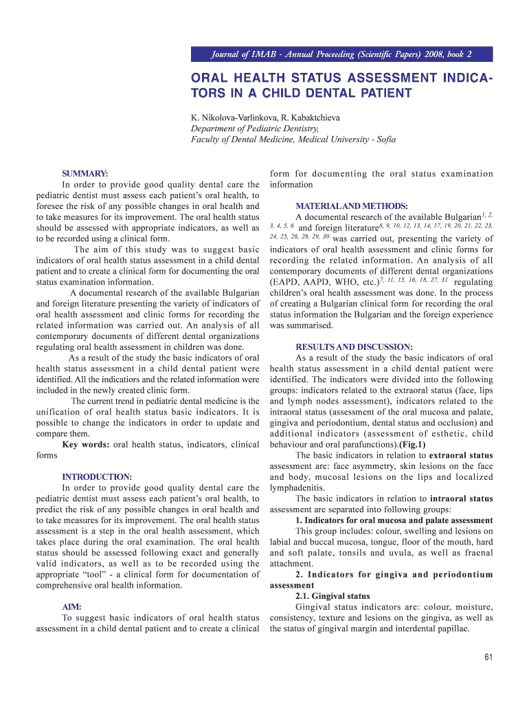 Fillable Online Oral Health Status Assessment Indicators in a Child ...