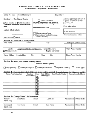 Fillable Online baylor ENROLLMENT APPLICATION/CHANGE FORM ... - Baylor University - baylor Fax ...