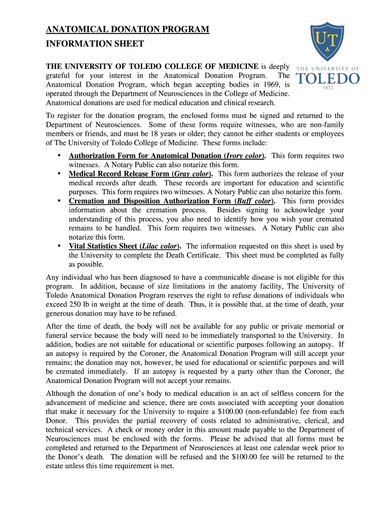 Fillable Online Anatomical Donation Program Information Sheet Fax Email ...