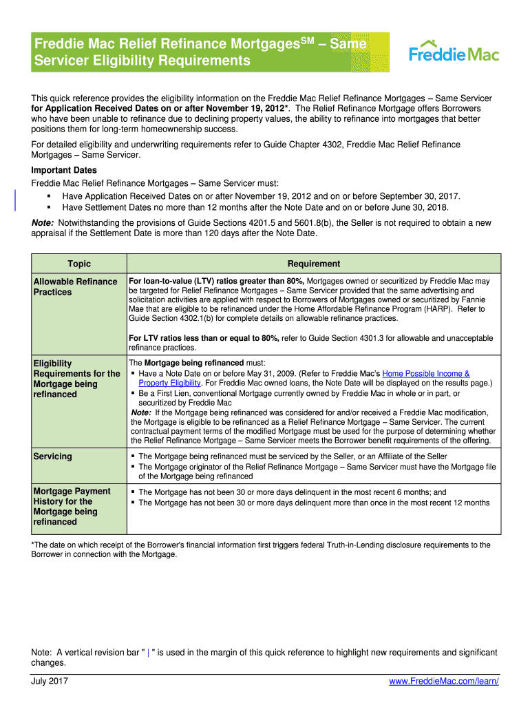 Fillable Online Freddie Mac Relief Refinance Mortgages – Same Servicer ...