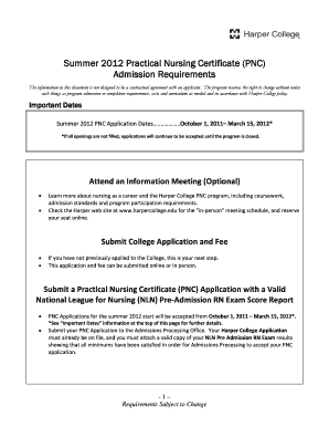 Fillable Online Summer 2012 Practical Nursing Certificate (PNC) Admission Requirements Fax Email ...