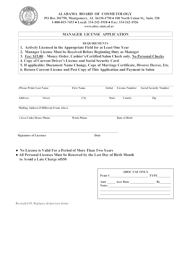 Alabama Cosmetology Management License 2020 2022 Fill And Sign 