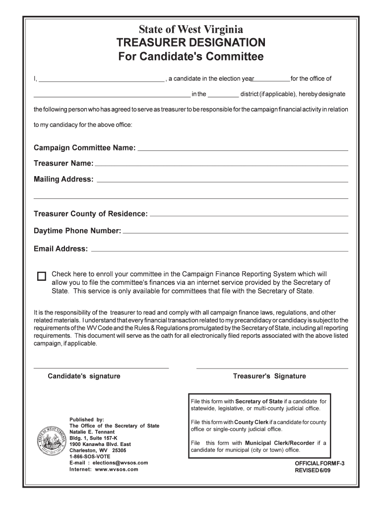Fillable Online Treasurer Designation For Candidate's Committee Fax ...