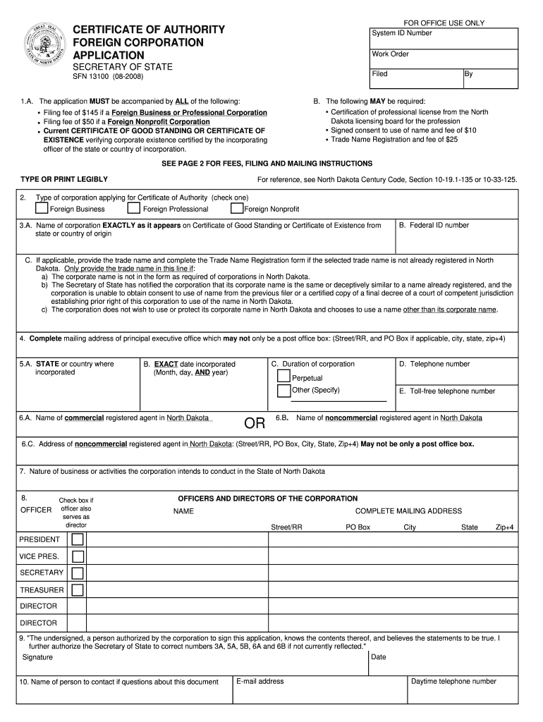 Fillable Online Certificate of Authority for Foreign Corporation Application Fax Email Print ...