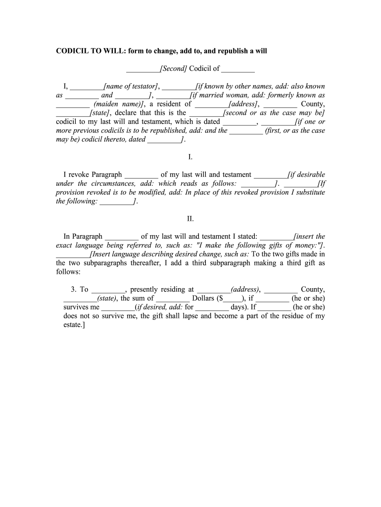 Florida Codicil Form Fill Online Printable Fillable Blank PdfFiller
