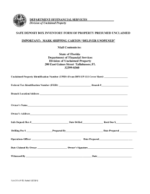 Fillable Online SAFE DEPOSIT BOX INVENTORY FORM OF PROPERTY PRESUMED ...