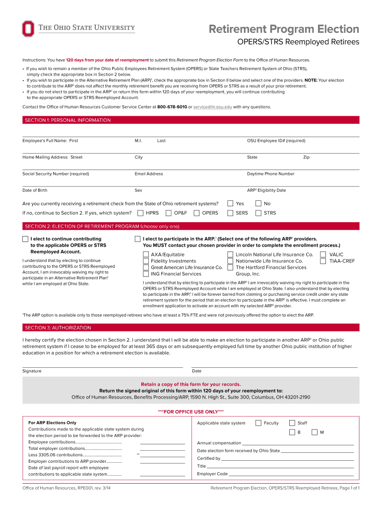 Fillable Online Retirement Program Election - OPERS/STRS Reemployed Retirees Fax Email Print ...