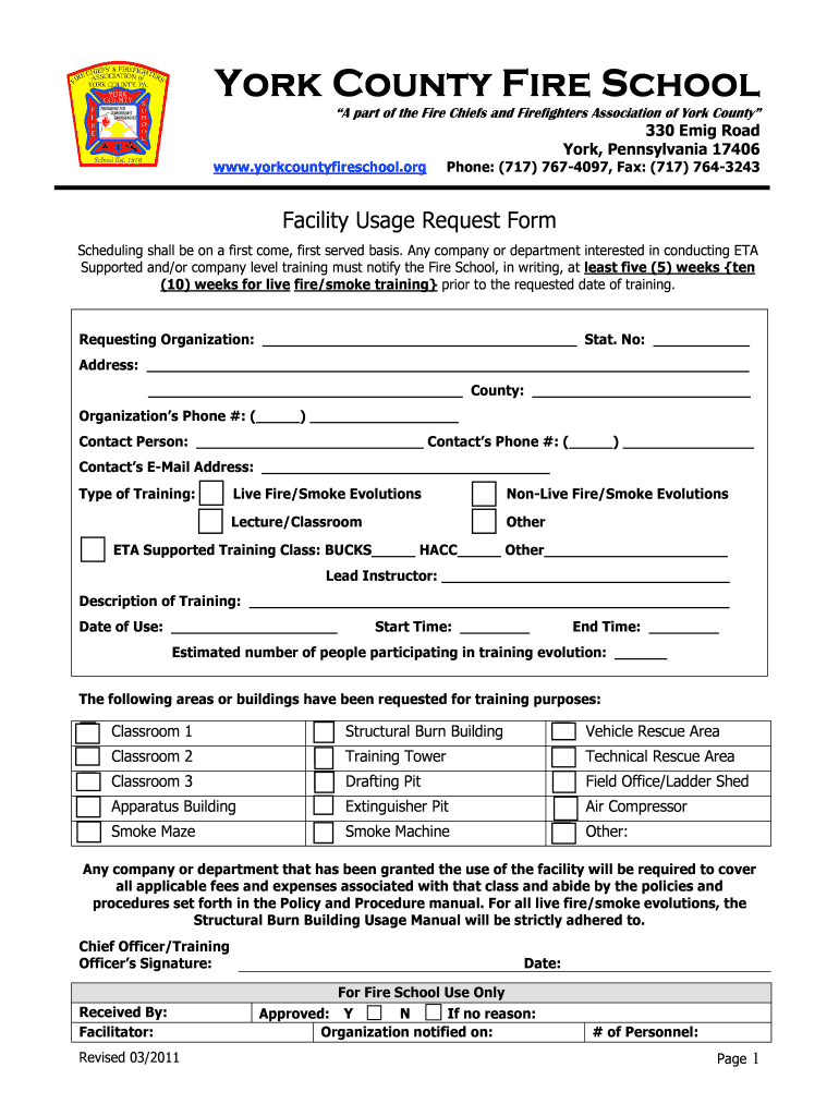 Fillable Online York County Fire School Facility Usage Request Fax ...