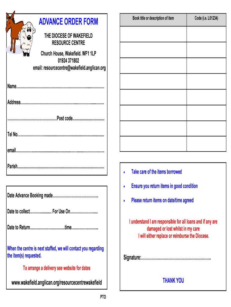 Fillable Online Advance Order Form - Wakefield Resource Centre - The ...