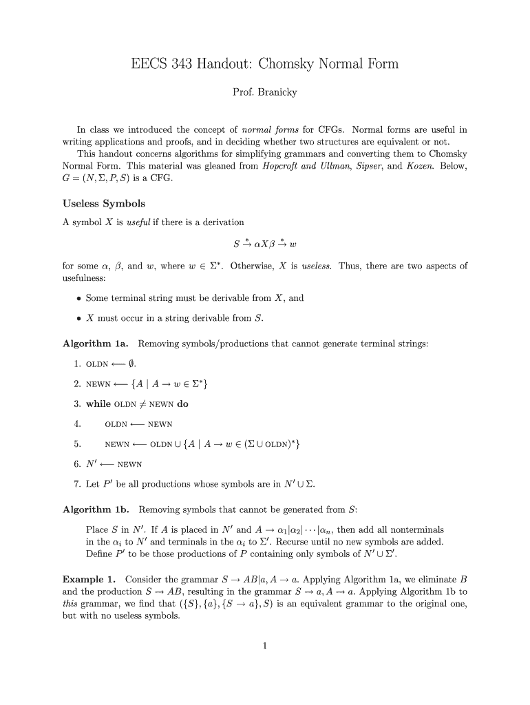 Fillable Online dora eeap cwru EECS 343 Handout: Chomsky Normal Form ...