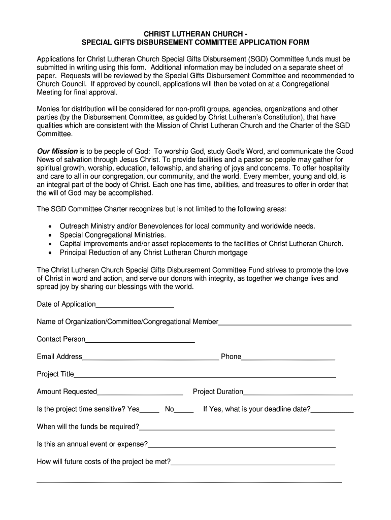 Fillable Online Christ Lutheran Church Special Gifts Disbursement Committee Application Form Fax ...