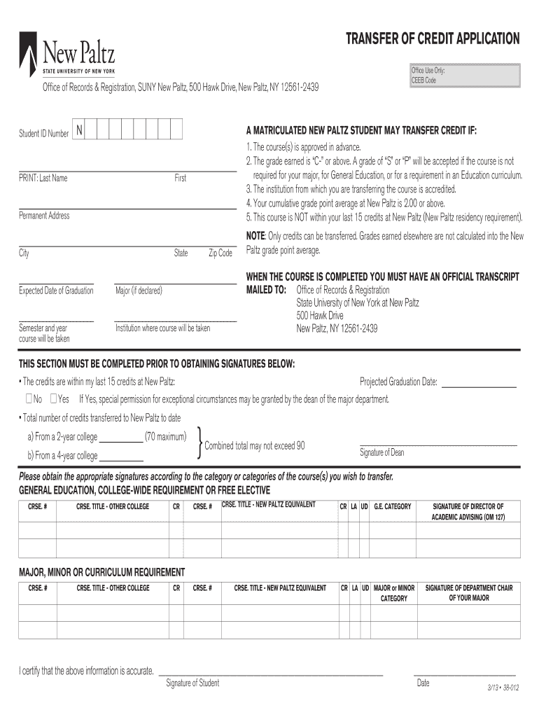 Fillable Online TRANSFER OF CREDIT APPLICATION Fax Email Print - pdfFiller