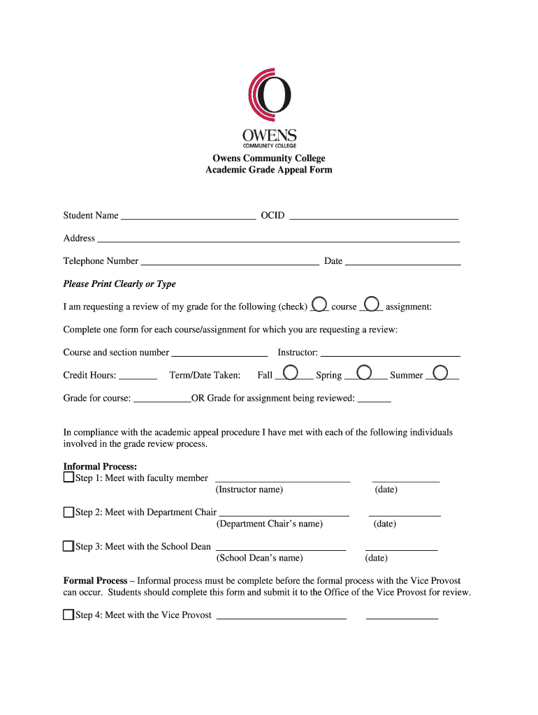 Fillable Online owens Owens Community College Academic Grade Appeal Form Student ... - owens Fax ...