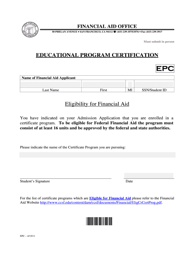 Fillable Online Educational Program Certification for Financial Aid Fax ...