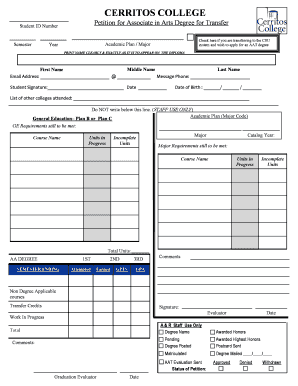 Fillable Online CERRITOS COLLEGE Petition for Associate in Arts Degree for Transfer Fax Email ...