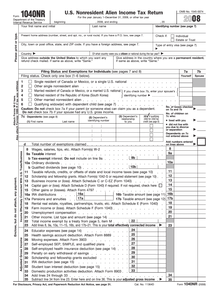 Fillable Online 1040 nr ez 2008 us non resident alien form Fax Email ...