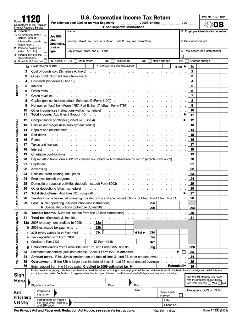 IRS 1120 2008 Fill Out Tax Template Online US Legal Forms