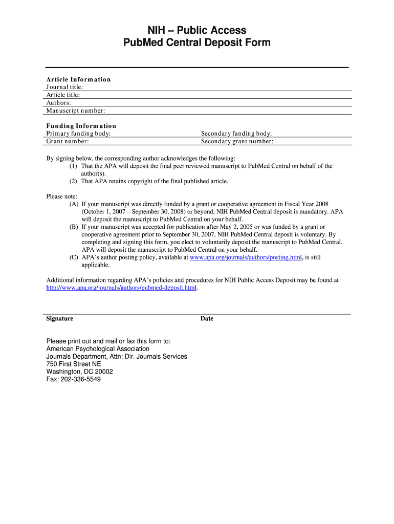 Fillable Online apa NIH Public Access PubMed Central Deposit Form - apa ...