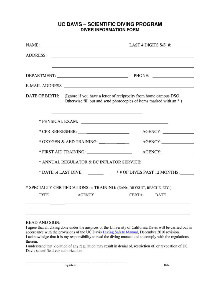 Fillable Online UC DAVIS – SCIENTIFIC DIVING PROGRAM Fax Email Print ...