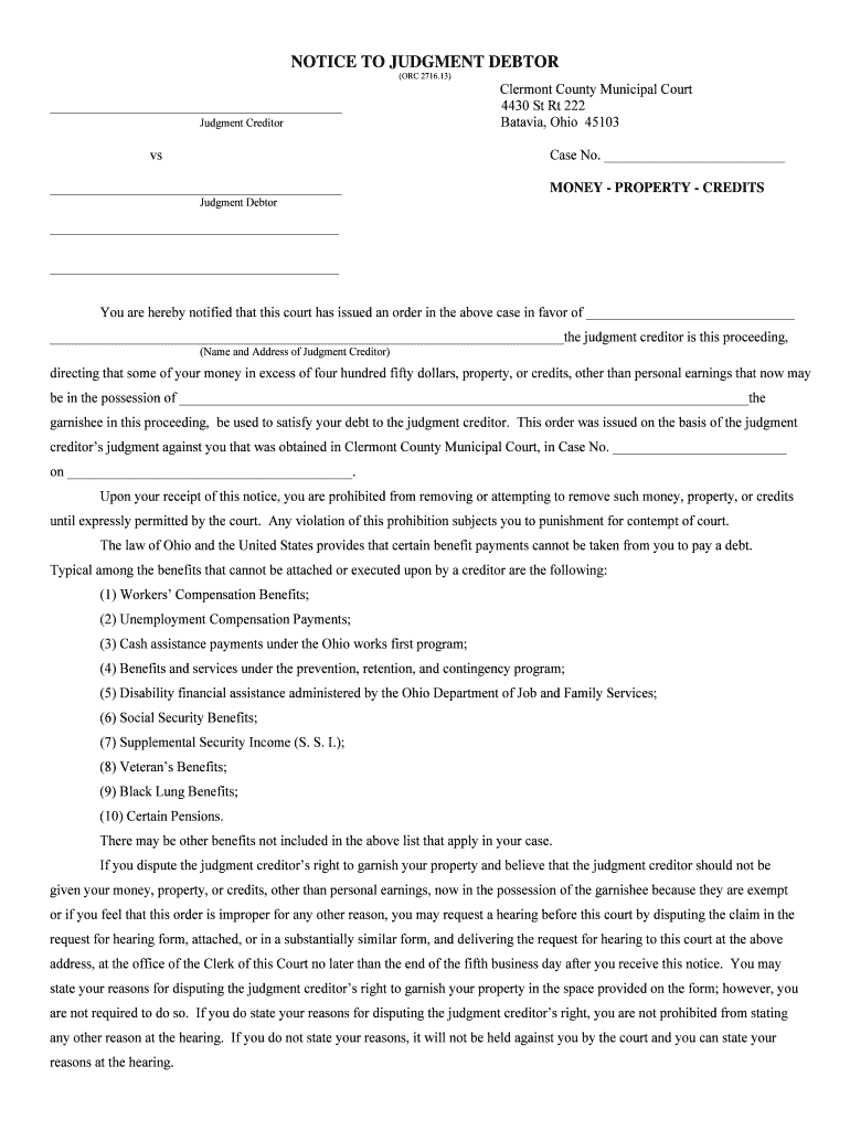 Fillable Online NOTICE TO JUDGMENT DEBTOR (ORC 2716.13) Fax Email Print - pdfFiller